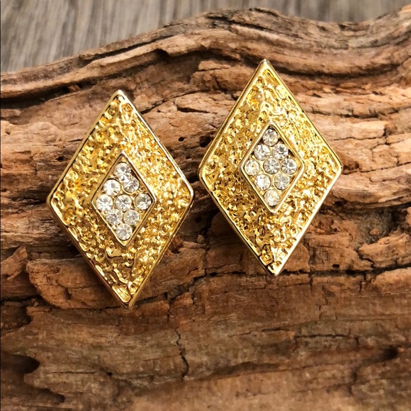 Vintage | Jewelry | Vintage Diamond Shaped Clip Earrings Rhinestone ...
